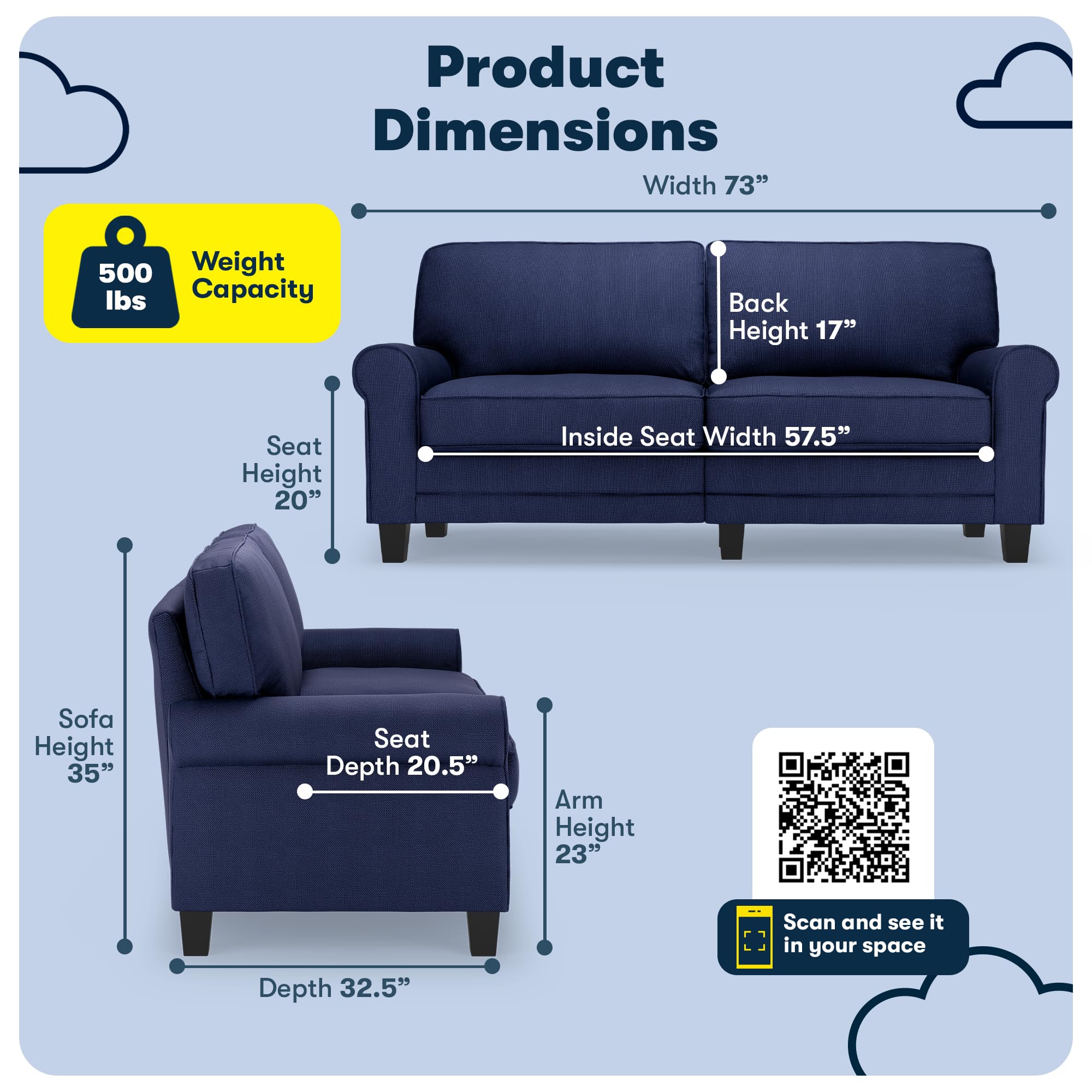 Serta Copenhagen 73" Rolled Arm Sofa, Easy Care Polyester, Soft Pillow Back, Pocket Coil Seat Cushions, Removable Covers, Loveseat or Couch for Small Spaces, Living Rooms or Bedrooms, Navy Blue