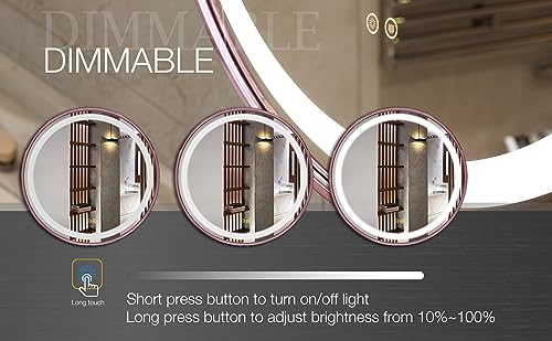 PetusHouse 32 inch Rose Gold LED Bathroom Mirror Circle Illuminated Wall Mounted Lighted Mirror Anti-Fog 3 Colors Change IP44 Dimmable Round LED Bathroom Mirror