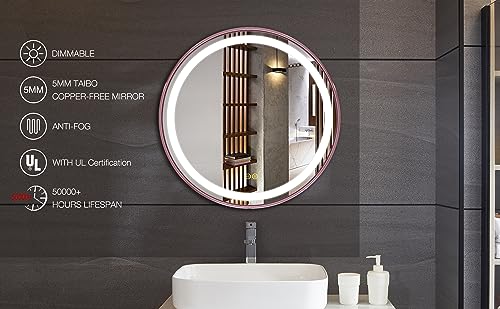 PetusHouse 32 inch Rose Gold LED Bathroom Mirror Circle Illuminated Wall Mounted Lighted Mirror Anti-Fog 3 Colors Change IP44 Dimmable Round LED Bathroom Mirror