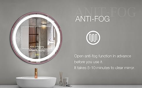 PetusHouse 32 inch Rose Gold LED Bathroom Mirror Circle Illuminated Wall Mounted Lighted Mirror Anti-Fog 3 Colors Change IP44 Dimmable Round LED Bathroom Mirror
