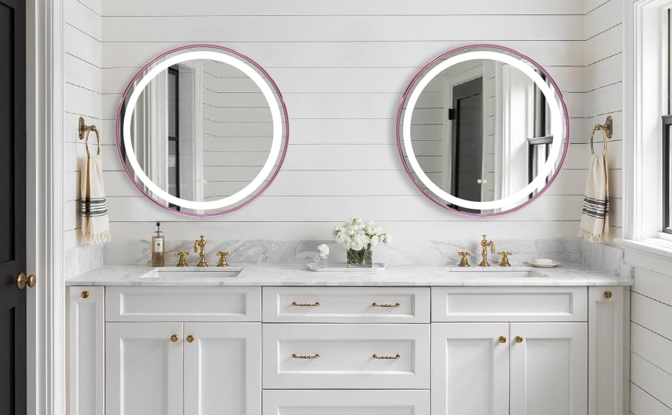PetusHouse 32 inch Rose Gold LED Bathroom Mirror Circle Illuminated Wall Mounted Lighted Mirror Anti-Fog 3 Colors Change IP44 Dimmable Round LED Bathroom Mirror