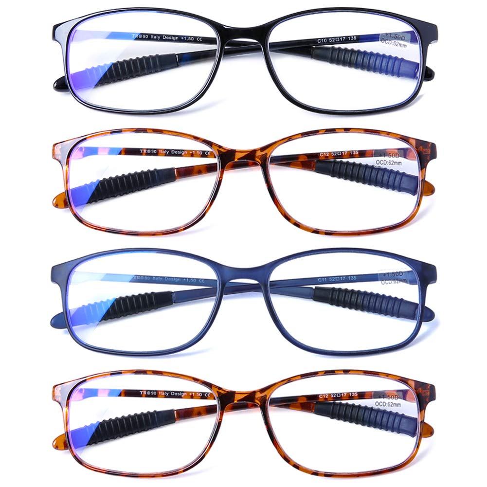 DOOViC Reading Glasses 4 Pack Blue Light Blocking Anti Eyestrain Flexible Lightweight Computer Readers for Men Women 1.75 Strength