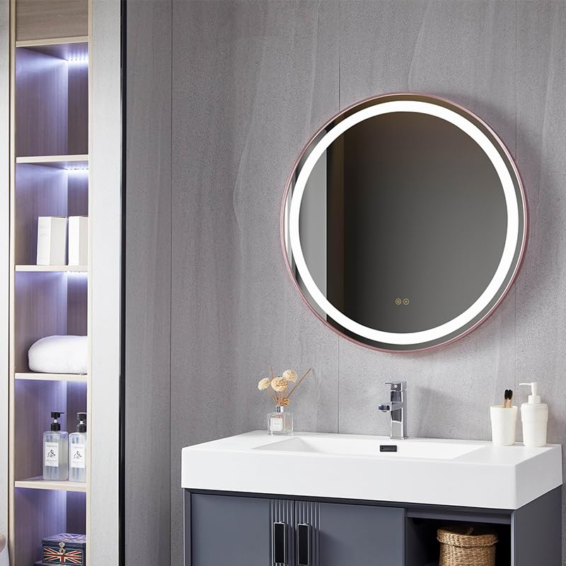 PetusHouse 32 inch Rose Gold LED Bathroom Mirror Circle Illuminated Wall Mounted Lighted Mirror Anti-Fog 3 Colors Change IP44 Dimmable Round LED Bathroom Mirror