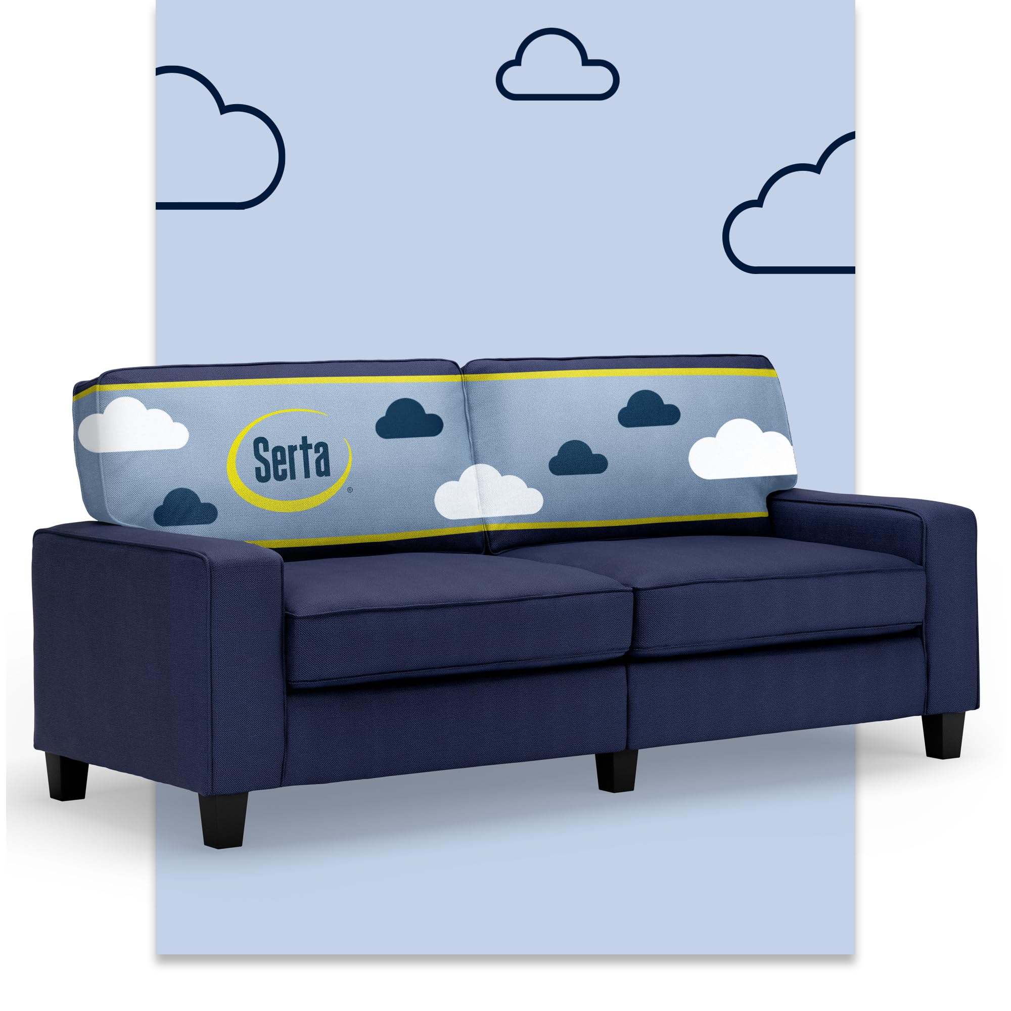Serta Palisades 78" Track Arm Sofa, Easy Care Polyester, Soft Pillow Back, Pocket Coil Seat Cushions, Removable Covers, Loveseat or Couch for Small Spaces, Living Rooms or Bedrooms, Navy Blue