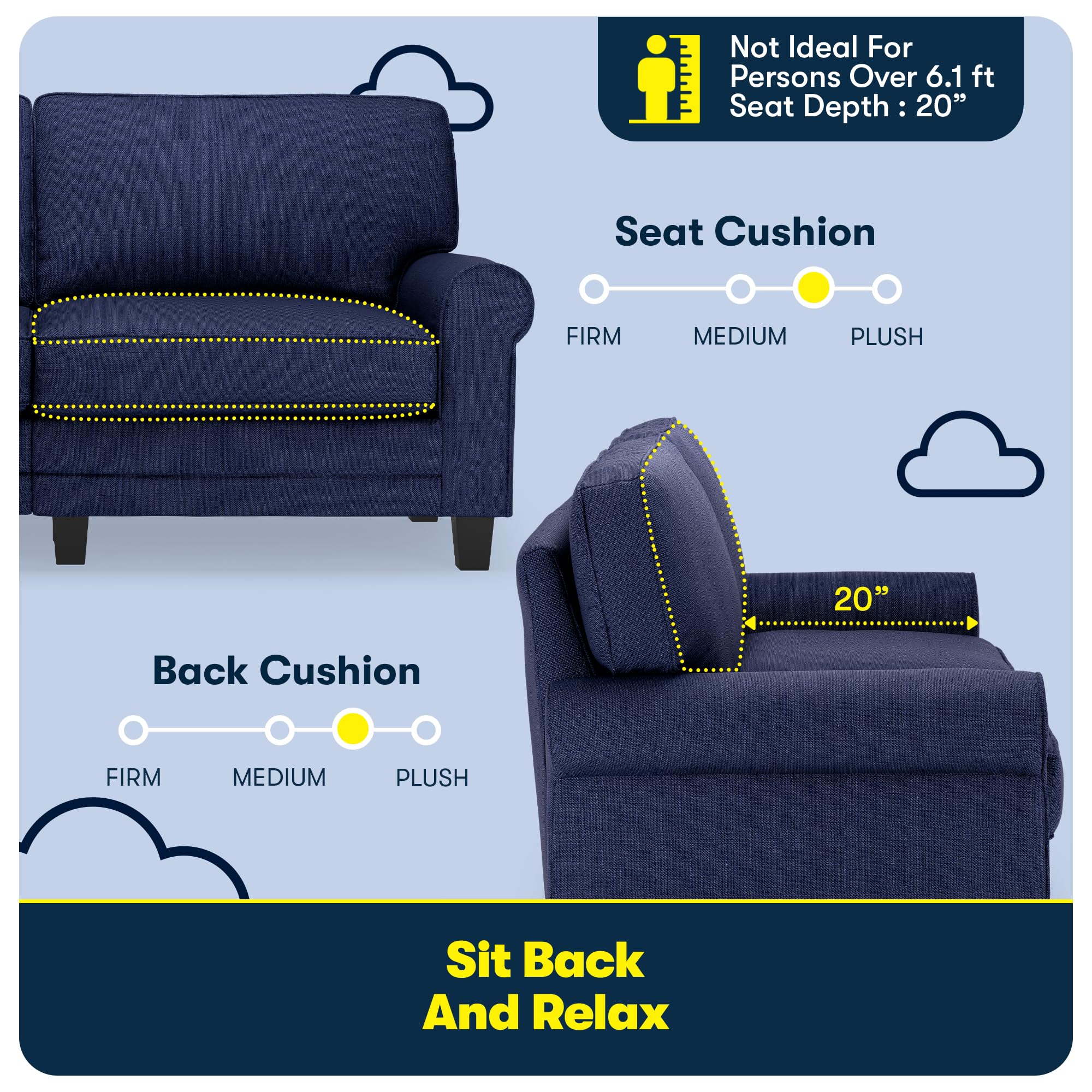 Serta Copenhagen 73" Rolled Arm Sofa, Easy Care Polyester, Soft Pillow Back, Pocket Coil Seat Cushions, Removable Covers, Loveseat or Couch for Small Spaces, Living Rooms or Bedrooms, Navy Blue