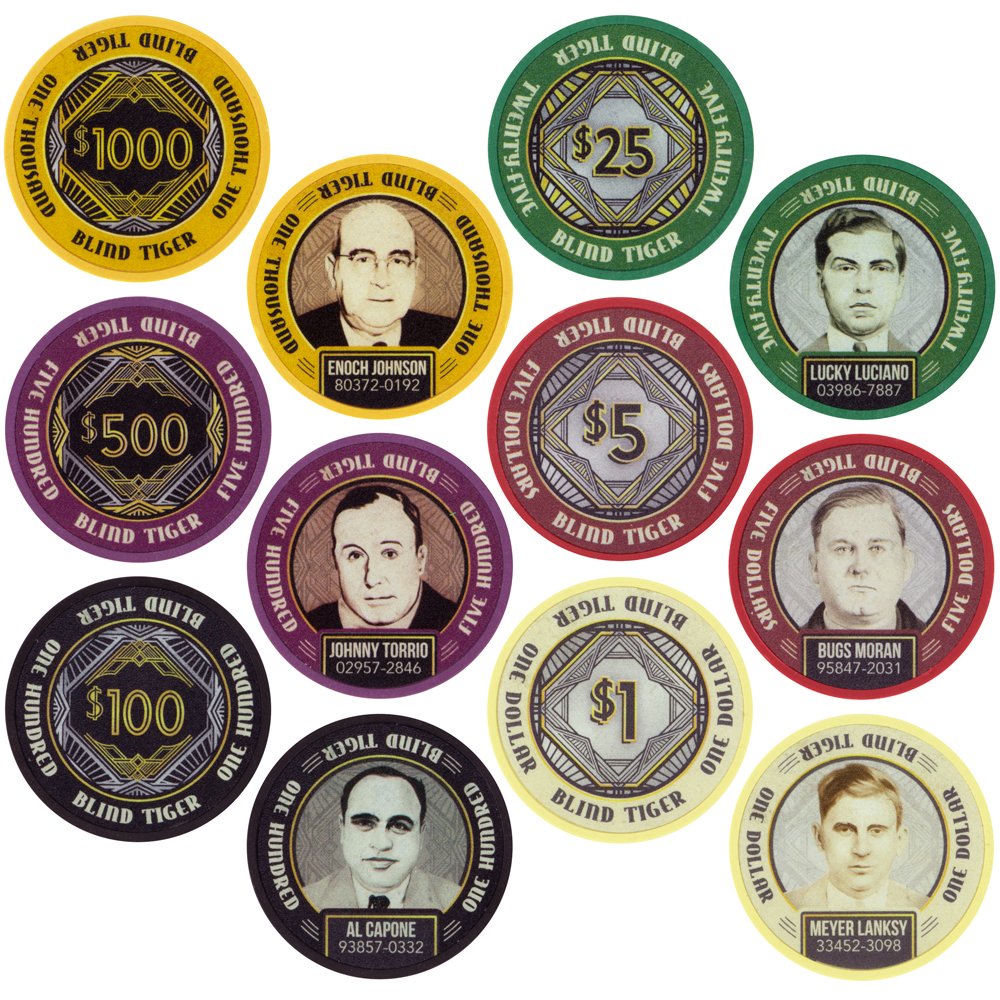 Beers & Bluffs & Blind Tiger, 2 Pack - Alcohol and Gangster 200 Denominated Poker Chip Sets & Playing Cards in Bottle Shaped Tin Case - Las Vegas Casino & Prohibition Theme Novelty Gift Box