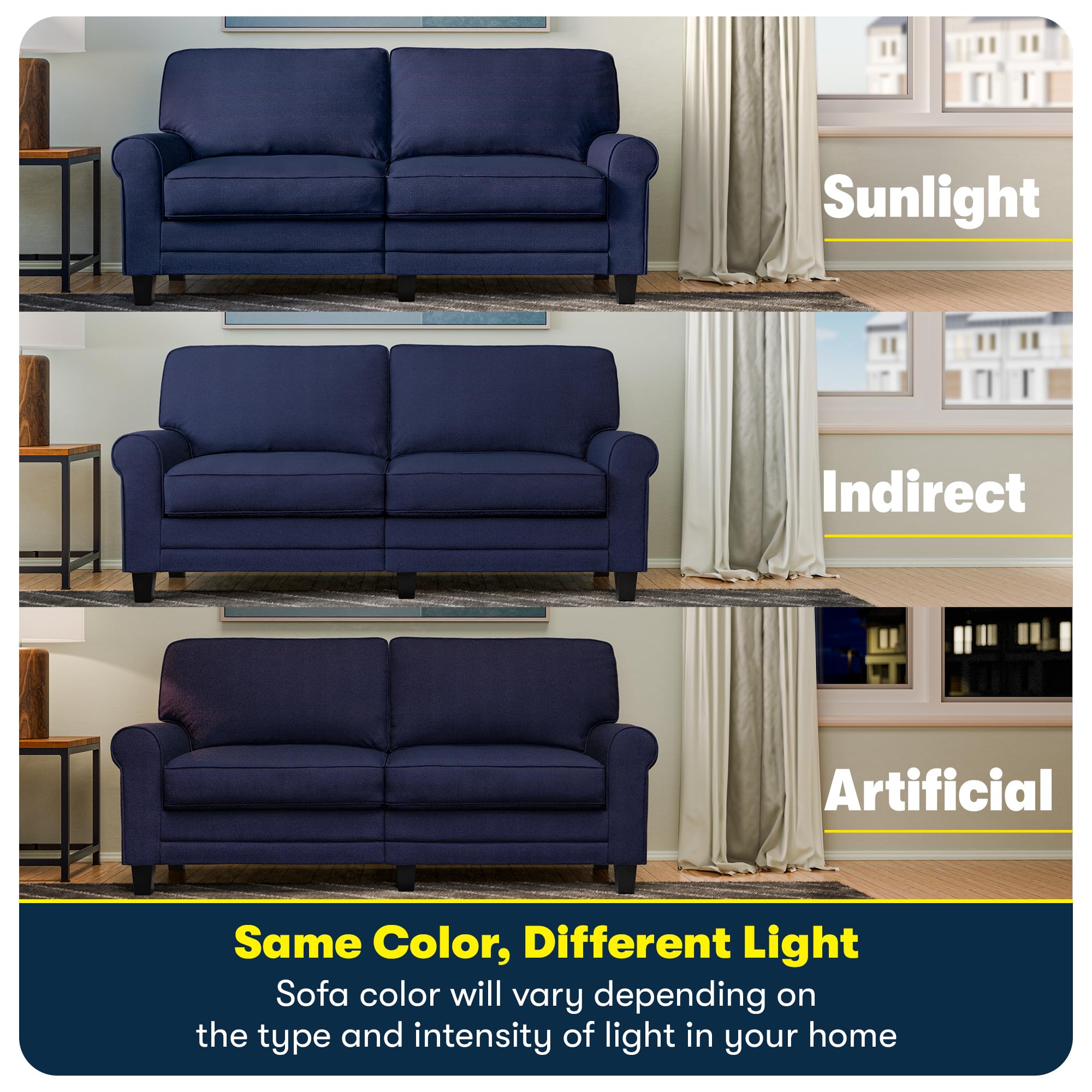 Serta Copenhagen 73" Rolled Arm Sofa, Easy Care Polyester, Soft Pillow Back, Pocket Coil Seat Cushions, Removable Covers, Loveseat or Couch for Small Spaces, Living Rooms or Bedrooms, Navy Blue