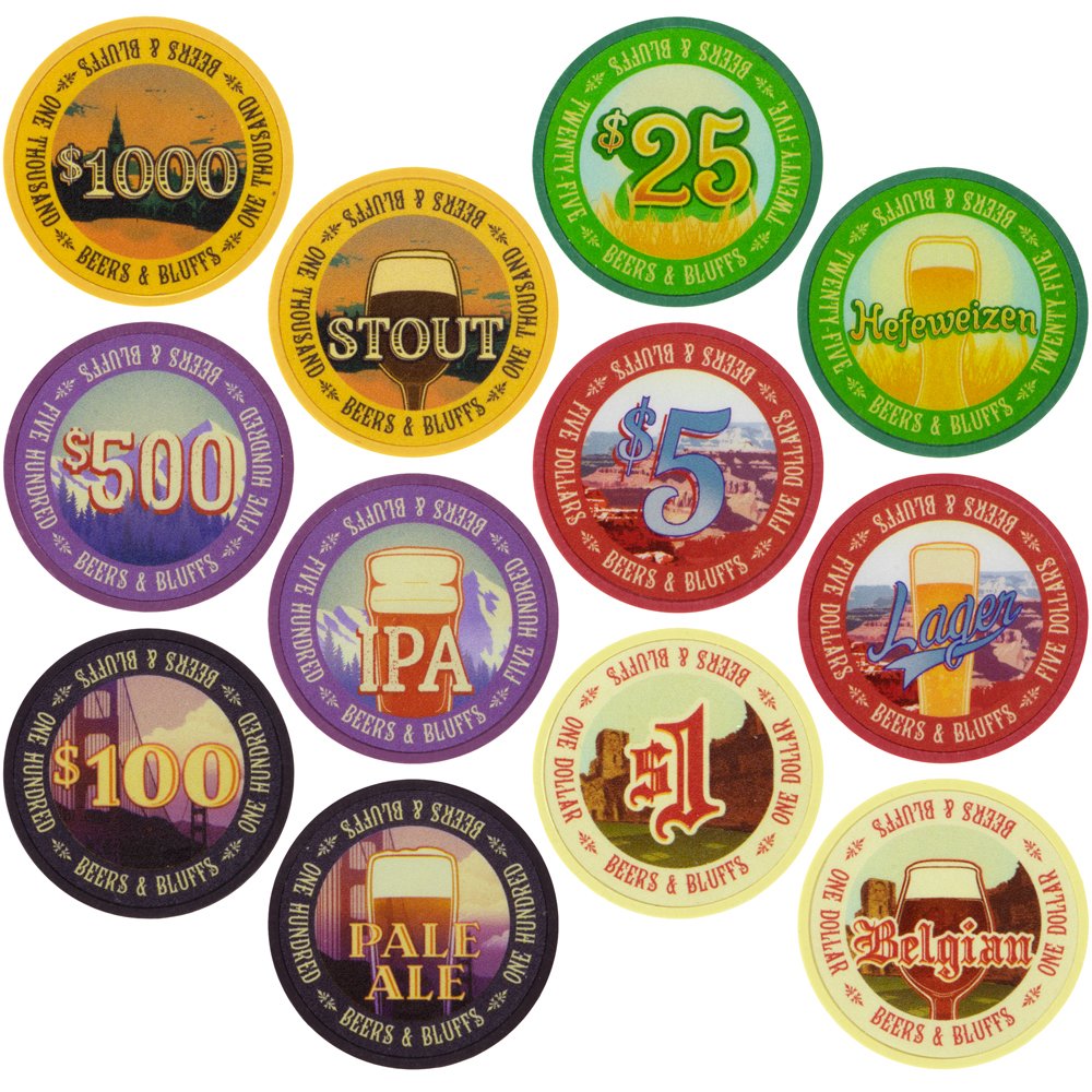 Beers & Bluffs & Blind Tiger, 2 Pack - Alcohol and Gangster 200 Denominated Poker Chip Sets & Playing Cards in Bottle Shaped Tin Case - Las Vegas Casino & Prohibition Theme Novelty Gift Box