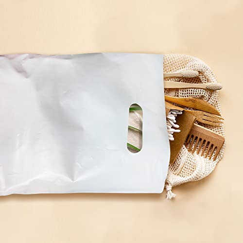 UiiWout 54PCS White Plastic Merchandise Bag with Die Cut Handle Birthday Party Favor Gifts Trade Show Shopping Candy Bag