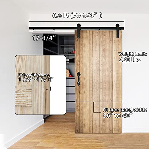 HOME MASTER HARDWARE 6.6 FT Heavy Duty Sturdy Sliding Barn Door Hardware Kit (Whole Set Includes 1x Pull Handle Set & 1x Floor Guide & 1x Latch Lock) Fit 36"- 40" Wide Door Panel (I Shape Hanger)
