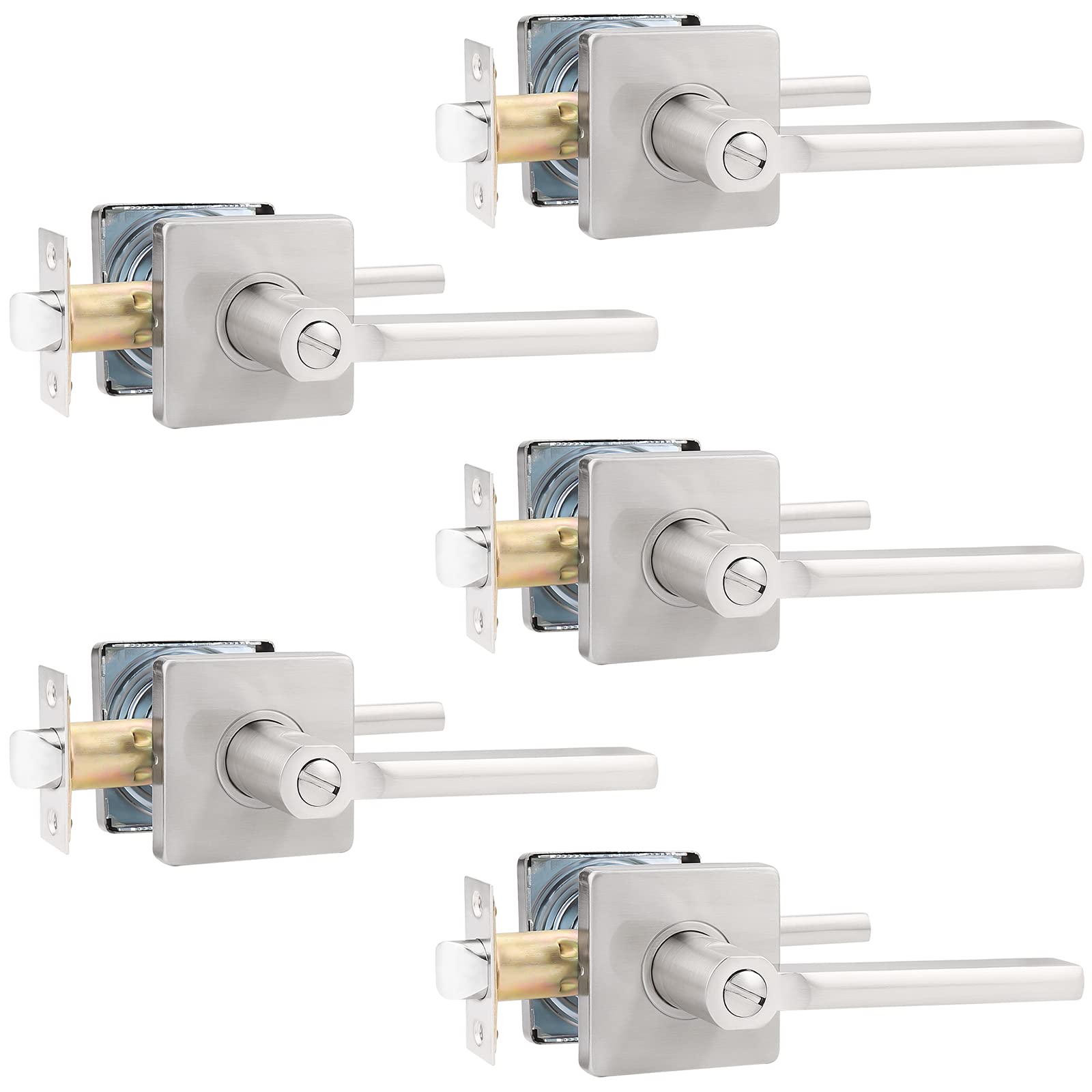Probrico (5 Pack Square Door Lever Interior Bedroom or Bathroom Lever Door Handle, Privacy Door Lever in Satin Nickel,with Locking Keyless Lever for Right & Left Sided Doors Heavy Duty