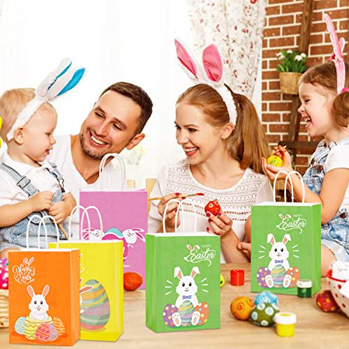 16Pcs Easter Gift Bags Bunny Paper Treat Bags with Handle Easter Egg Hunts Party Favors Cookie Candy Gift Wrapping, 4 Styles Easter Basket