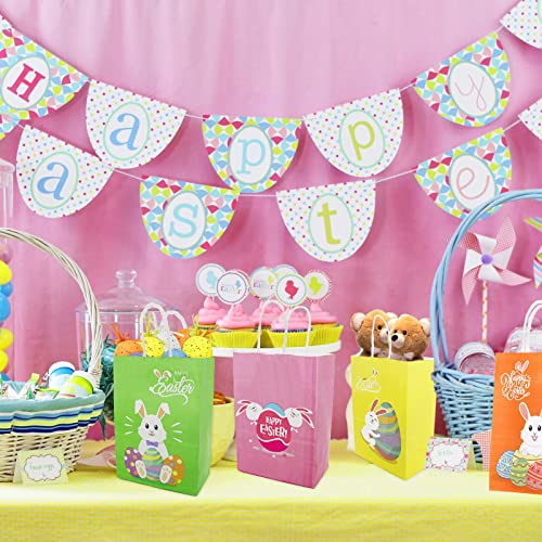 16Pcs Easter Gift Bags Bunny Paper Treat Bags with Handle Easter Egg Hunts Party Favors Cookie Candy Gift Wrapping, 4 Styles Easter Basket