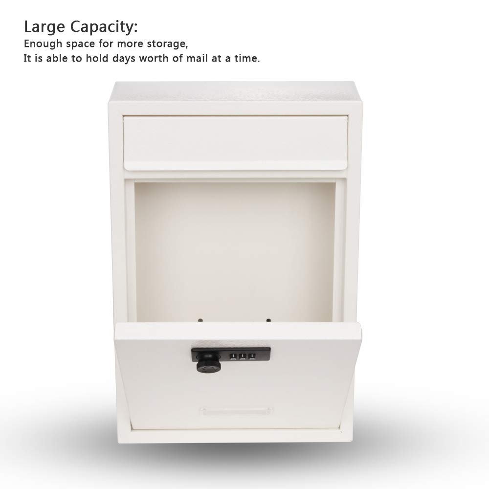 KYODOLED Locking Wall Mount Mailbox, Mail Boxes with Combination Lock for Outside, Security Drop Box with Code,12.4H x 8.54L x 3.35W Inches, White