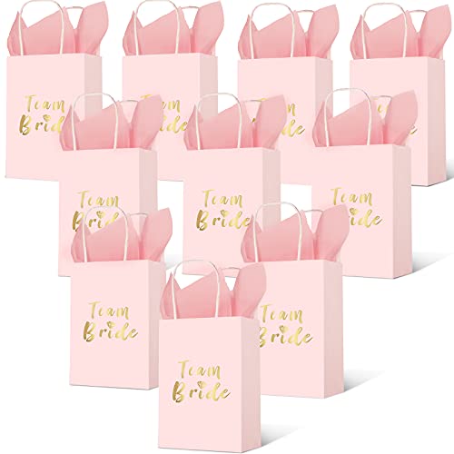 Outus 12 Pieces Team Kraft Bride Gift Bag Bridesmaid Gift Bag Wedding Bride Handles Paper Bag with 12 Pieces Tissue Paper for Wedding Bridal Party, Pink, Gold Letter(3 x 6 x 8 Inch)