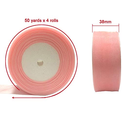 Sailing-GO 200 Yards(4 Rolls * 50 Yd)1-1/2" Wide Sparkle Sheer Chiffon Organza Ribbon for Wedding Gift Package Valentines Bouquets Wrapping Birthday Baby Shower Home Decor Wreath Decorations Fabric