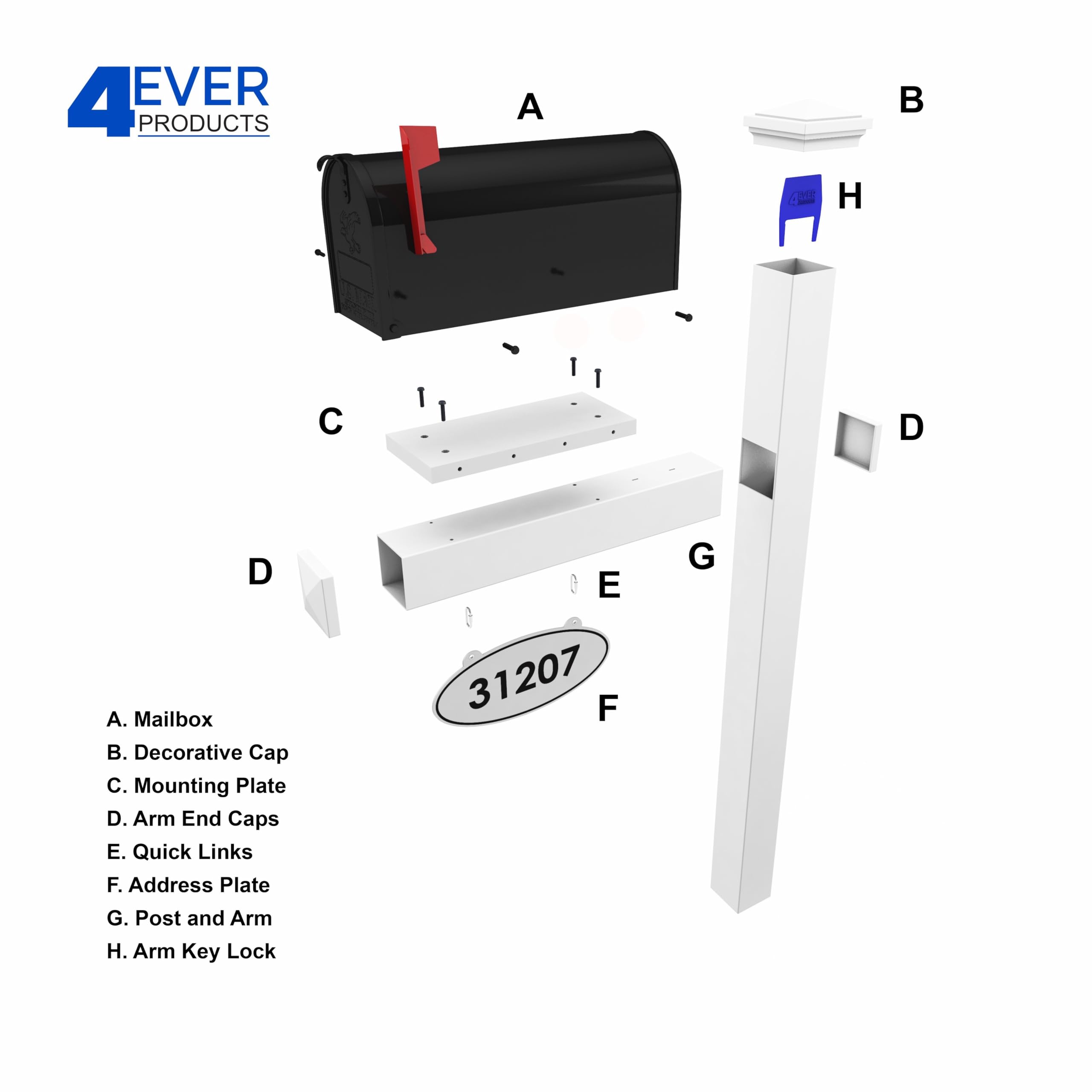 4Ever Products The Jackson Complete Mailbox System - Vinyl/PVC Post (includes Mailbox) Decorative Curbside Postal Solution with Classic Traditional Style and Hanging Address Plate (White Mailbox)