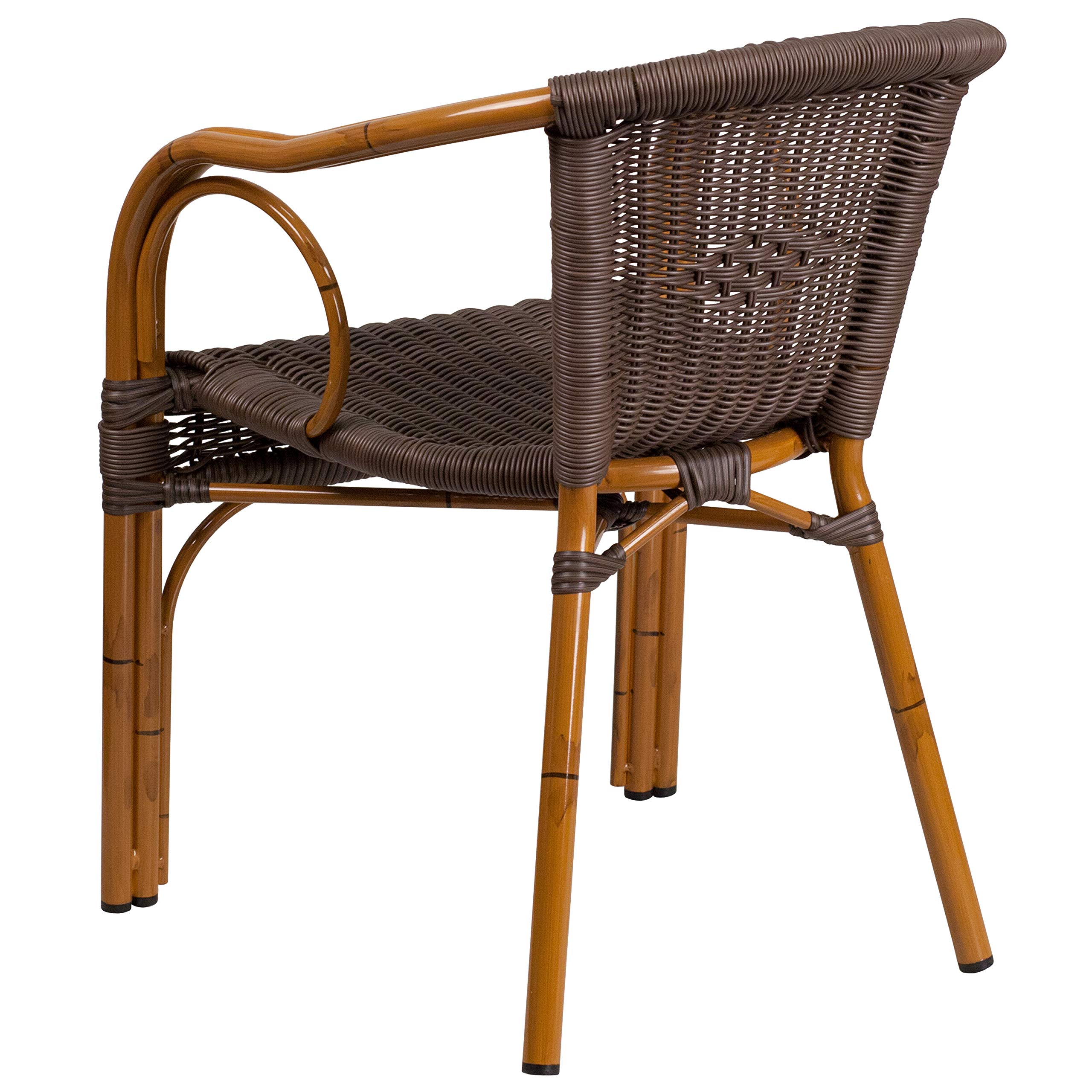 EMMA + OLIVER Dark Brown Rattan Patio Chair with Red Bamboo-Aluminum Frame