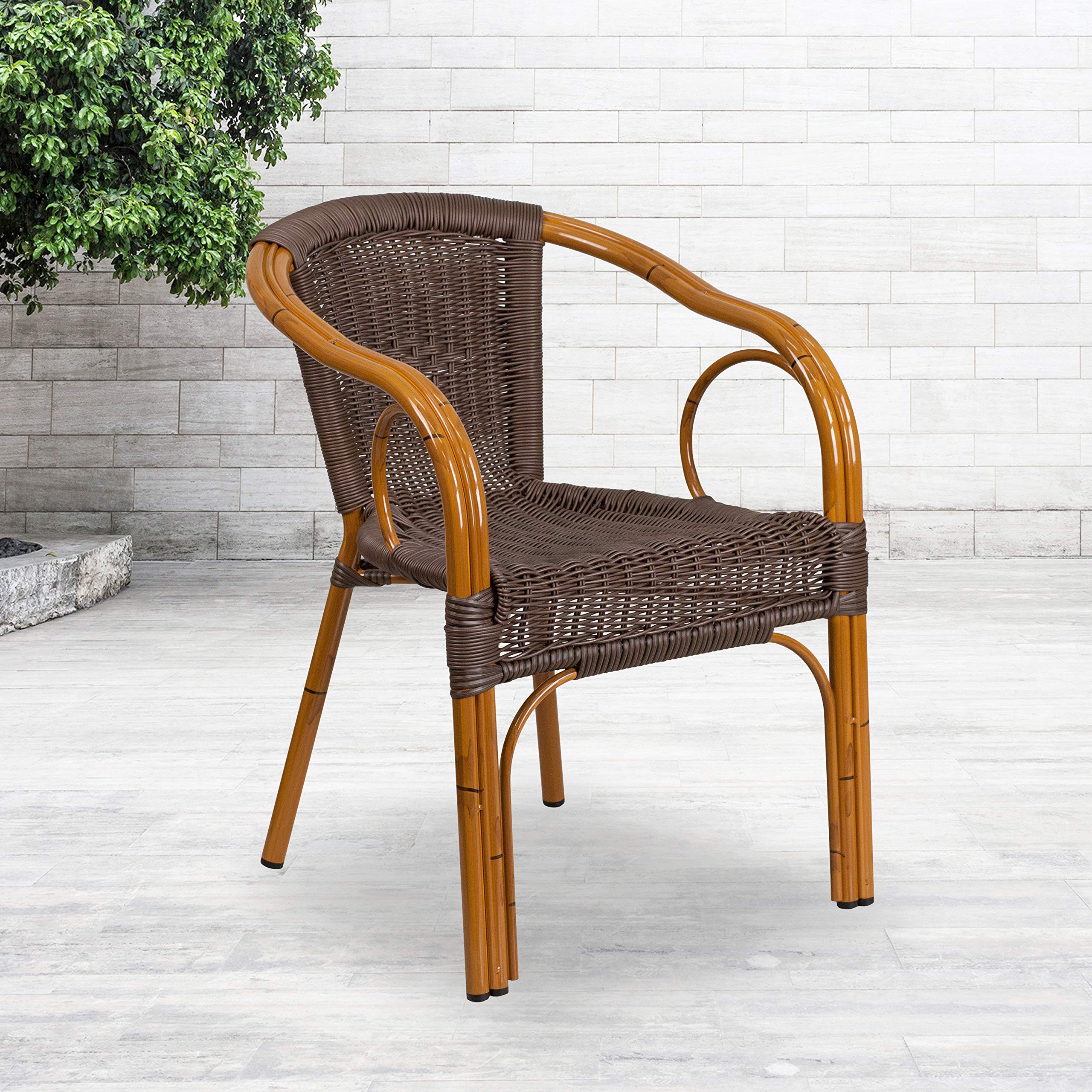 EMMA + OLIVER Dark Brown Rattan Patio Chair with Red Bamboo-Aluminum Frame