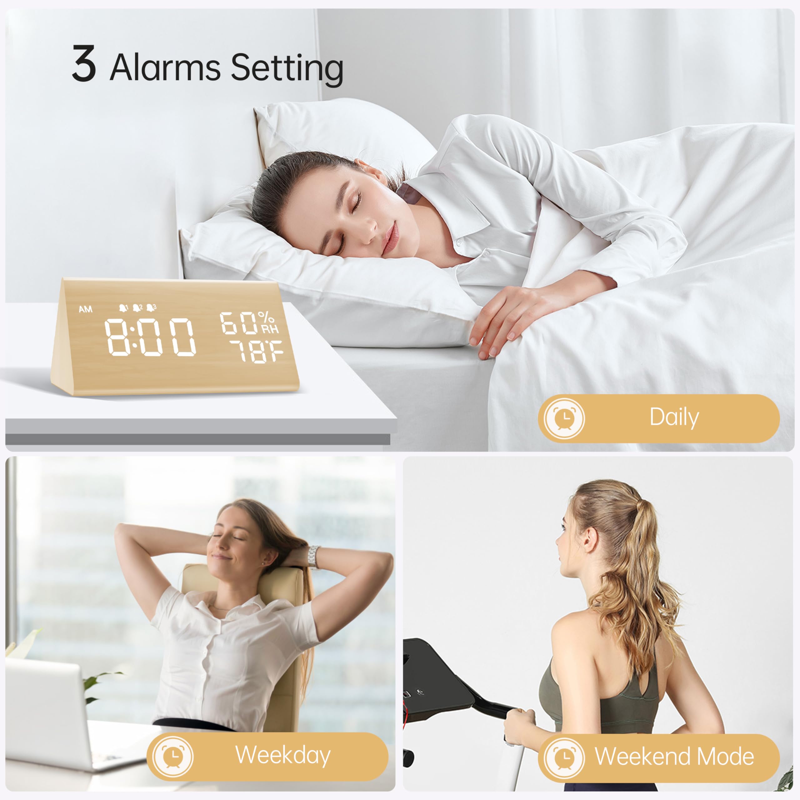 JALL Digital Alarm Clock, with Wooden Electronic LED Time Display, 3 Alarm Settings, Humidity & Temperature Detect, Wood Made Electric Clocks for Bedroom, Bedside (Yellow)