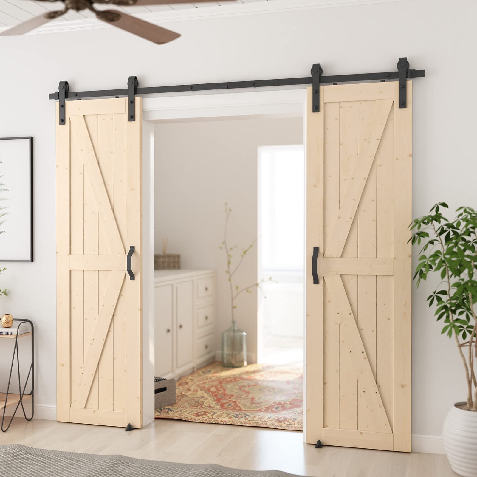 SmartStandard 36in x 84in Sliding Barn Wood Door Pre-Drilled Ready to Assemble, DIY Unfinished Solid Spruce Wood Panelled Slab, Interior Single Door Only, Natural, K-Frame (Fit 6FT-6.6FT Rail)