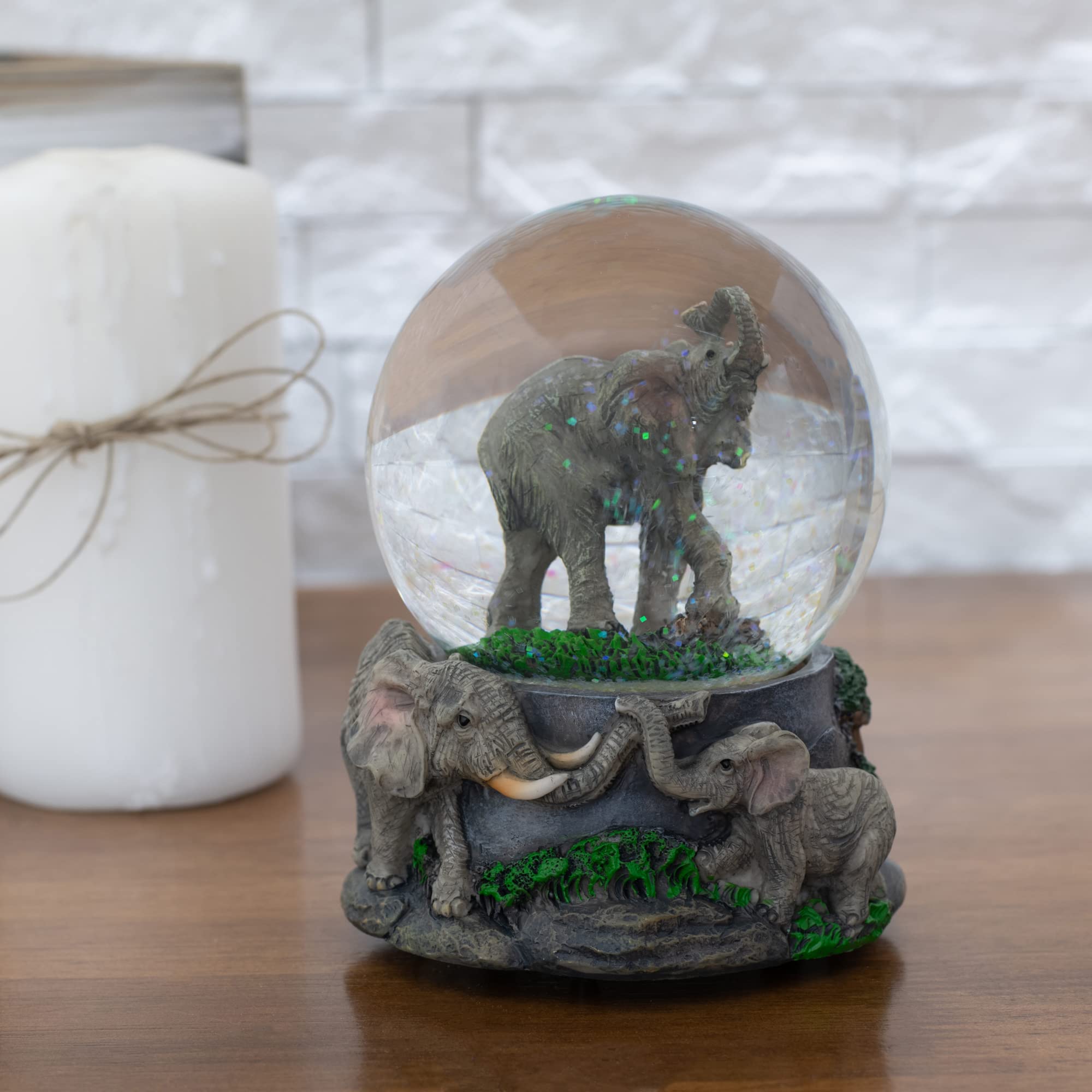 Elanze Designs Elephant Pride Family 100MM Sturdy Wind Up Musical Glitter Water Snow Globe Magical Tabletop Dresser Nightstand Figurine Decoration Plays Tune Born Free