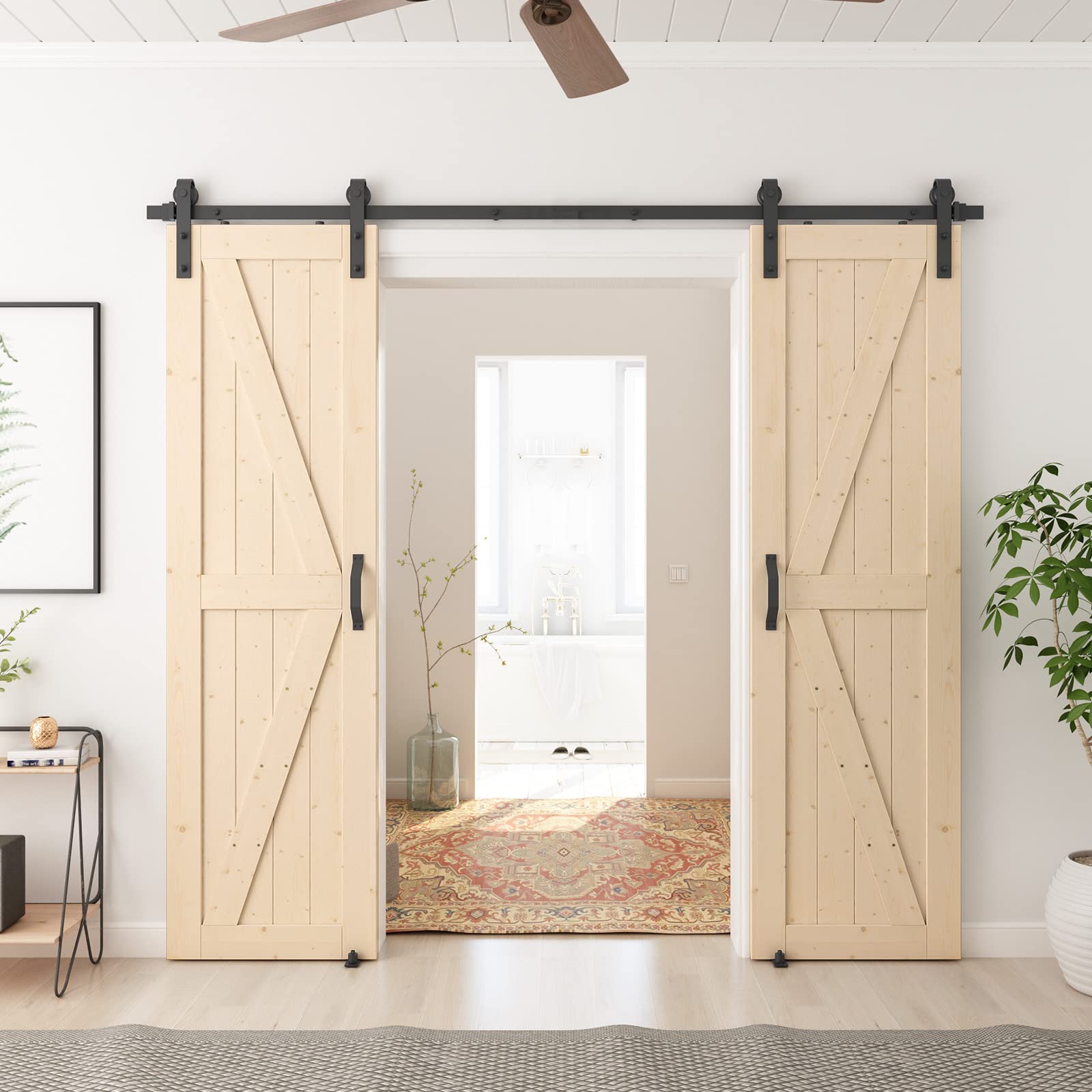 SmartStandard 36in x 84in Sliding Barn Wood Door Pre-Drilled Ready to Assemble, DIY Unfinished Solid Spruce Wood Panelled Slab, Interior Single Door Only, Natural, K-Frame (Fit 6FT-6.6FT Rail)
