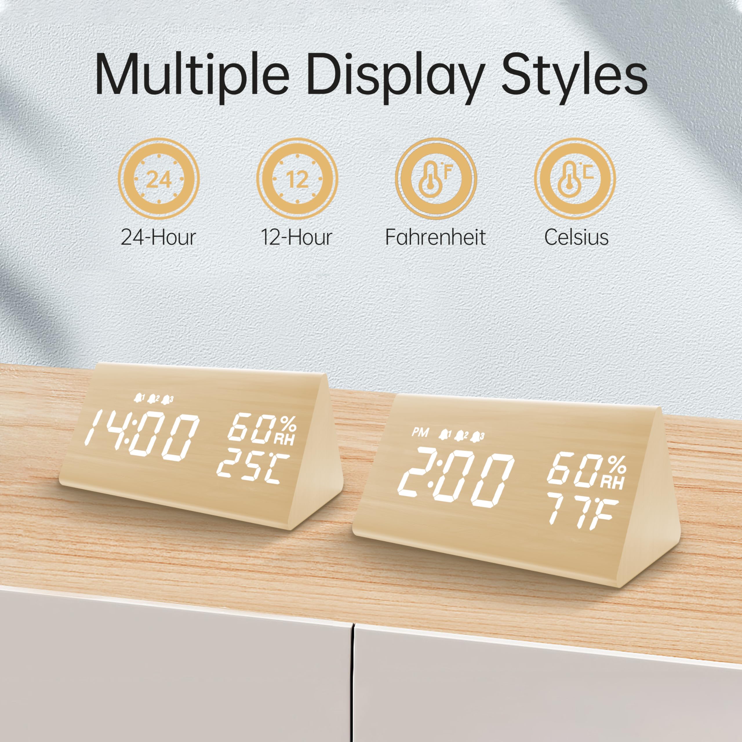 JALL Digital Alarm Clock, with Wooden Electronic LED Time Display, 3 Alarm Settings, Humidity & Temperature Detect, Wood Made Electric Clocks for Bedroom, Bedside (Yellow)