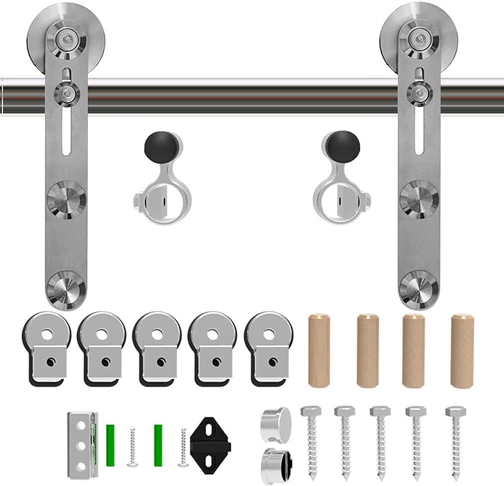 CCJH 5FT Stainless Steel Sliding Barn Door Hardware Track Kit Heavy Duty for Single Wood Door (Round Shape Hanger)