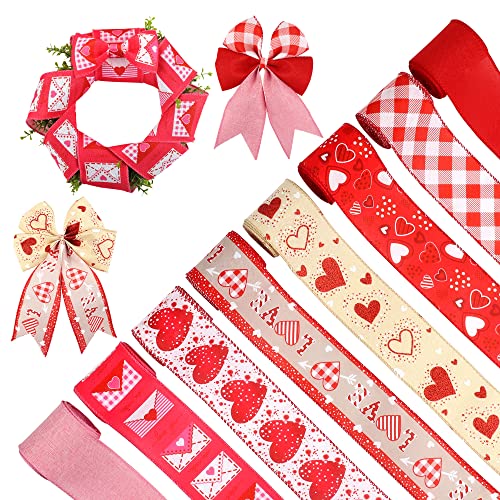 8 Rolls Heart Burlap Ribbon 2.5" Valentine's Day Ribbon Red Pink Buffalo Plaid Wired Edge Heart Love Ribbon for Gift Wrapping Wedding Anniversary Home Decor Floral Bows Wreath Craft and DIY, 40 Yards