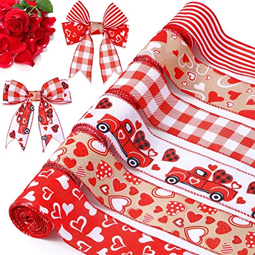 6 Rolls 30 Yards Valentine's Day Ribbons 2.5 Inches Hearts Love Red Wired Edge Ribbon Plaid Truck Burlap Ribbons Gift Wrapping Ribbon Fabric Ribbon for DIY Craft Wedding Party Wreath Bows Decoration