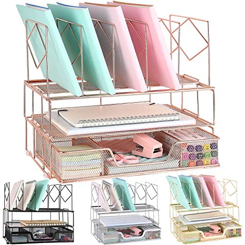 gianotter Desk Organizers and Accessories, Office Supplies Desk Organizer with Sliding Drawer, Double Tray and 5 Upright Section File Sorter Organizer (Rose Gold)