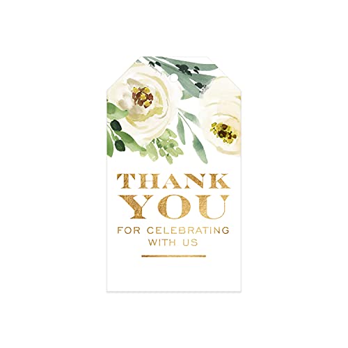 White Floral Favor Thank You Tags / 100 Thank You for Celebrating with Us Wedding Favor Gift Tags / 2" x 3.5" Greenery with Faux Gold Engagement Celebration Thank You Tags