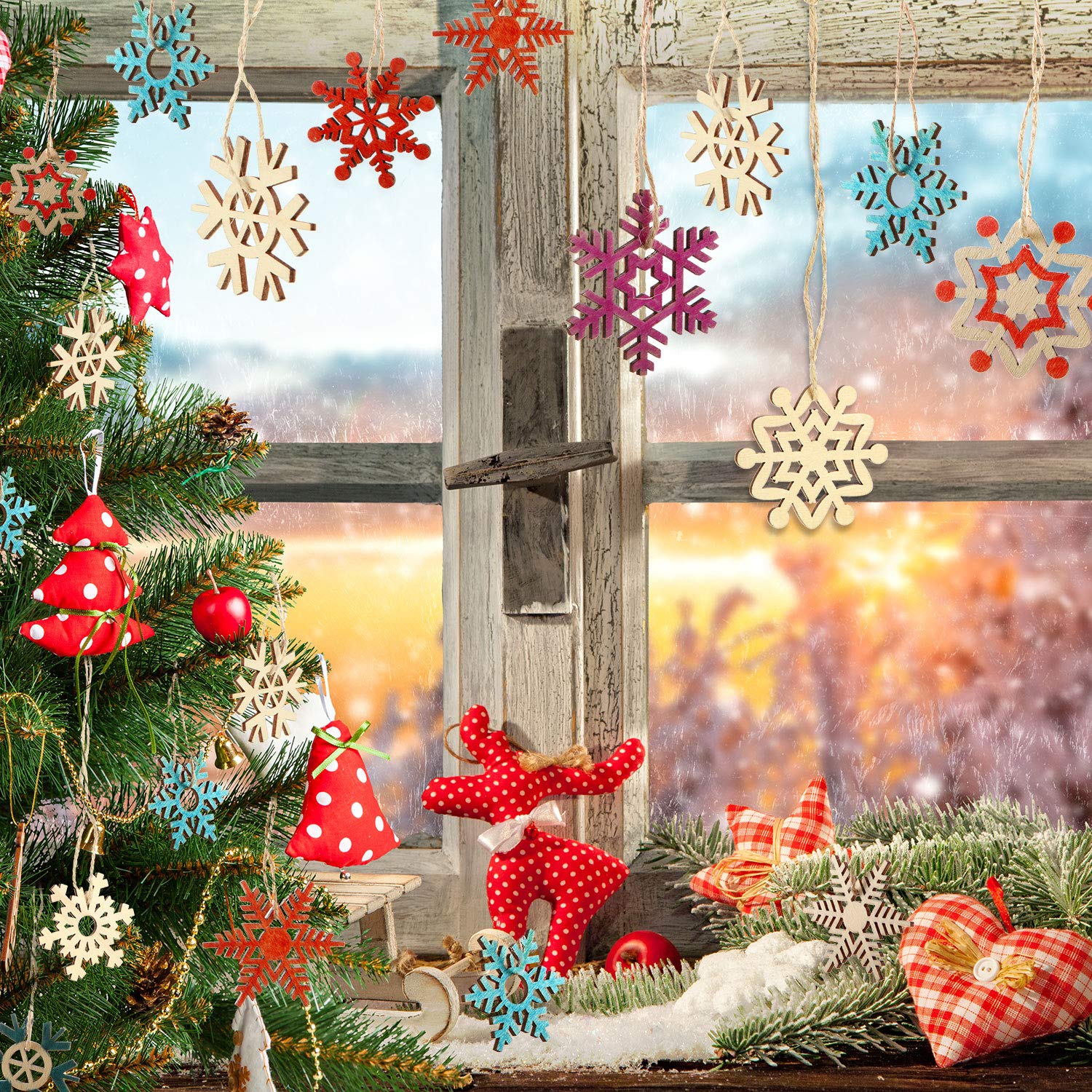100 Pcs Christmas Unfinished Wooden Snowflake Ornaments Snowflake Hanging Cutouts Blank Wood Slices with Cord Craft Embellishments for Xmas Tree Decorations