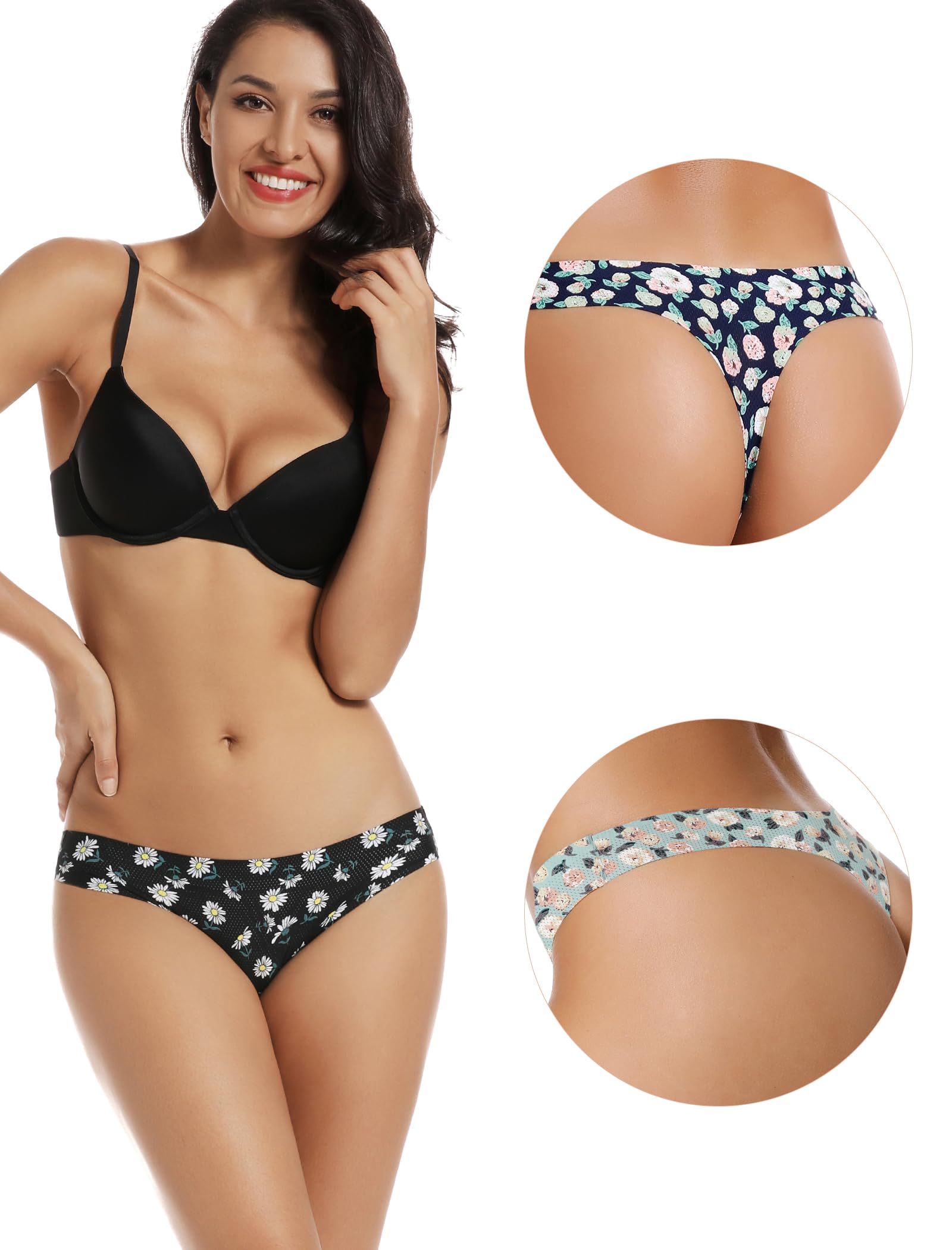 Seamless Women Underwear Thongs Multipack,No Show Ladies Thong,Invisible No Line Breathable Comfortable Panties Undies,Womens No Seam Soft Wide Gusset Tanga,Floral Microfiber Legging Underpants,5-Pack