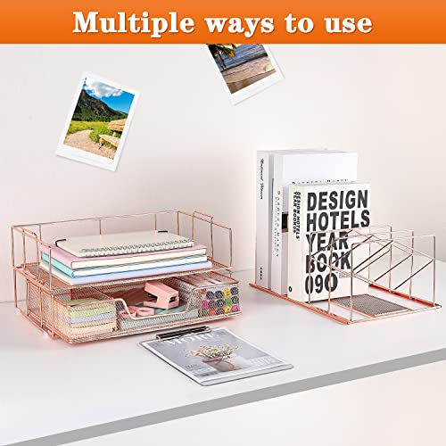 gianotter Desk Organizers and Accessories, Office Supplies Desk Organizer with Sliding Drawer, Double Tray and 5 Upright Section File Sorter Organizer (Rose Gold)
