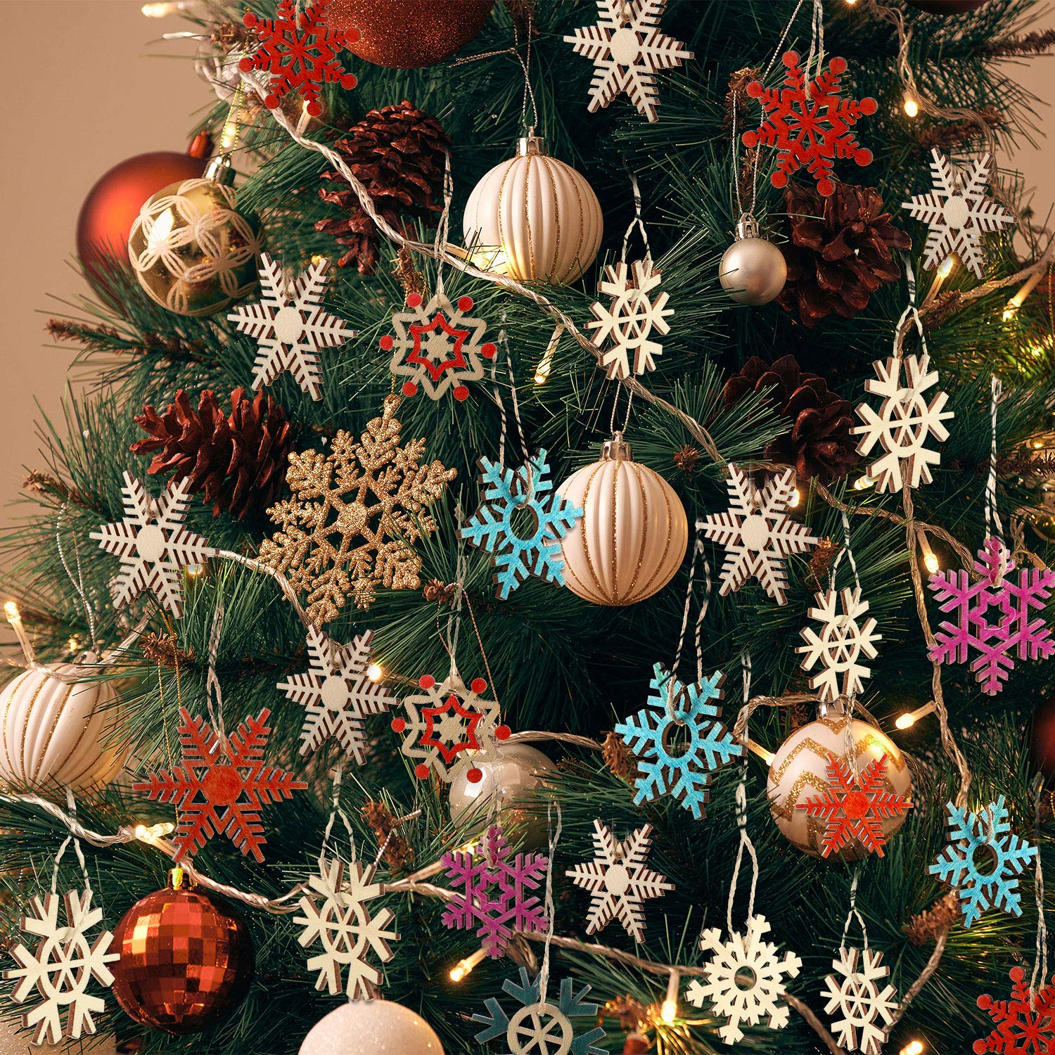 100 Pcs Christmas Unfinished Wooden Snowflake Ornaments Snowflake Hanging Cutouts Blank Wood Slices with Cord Craft Embellishments for Xmas Tree Decorations