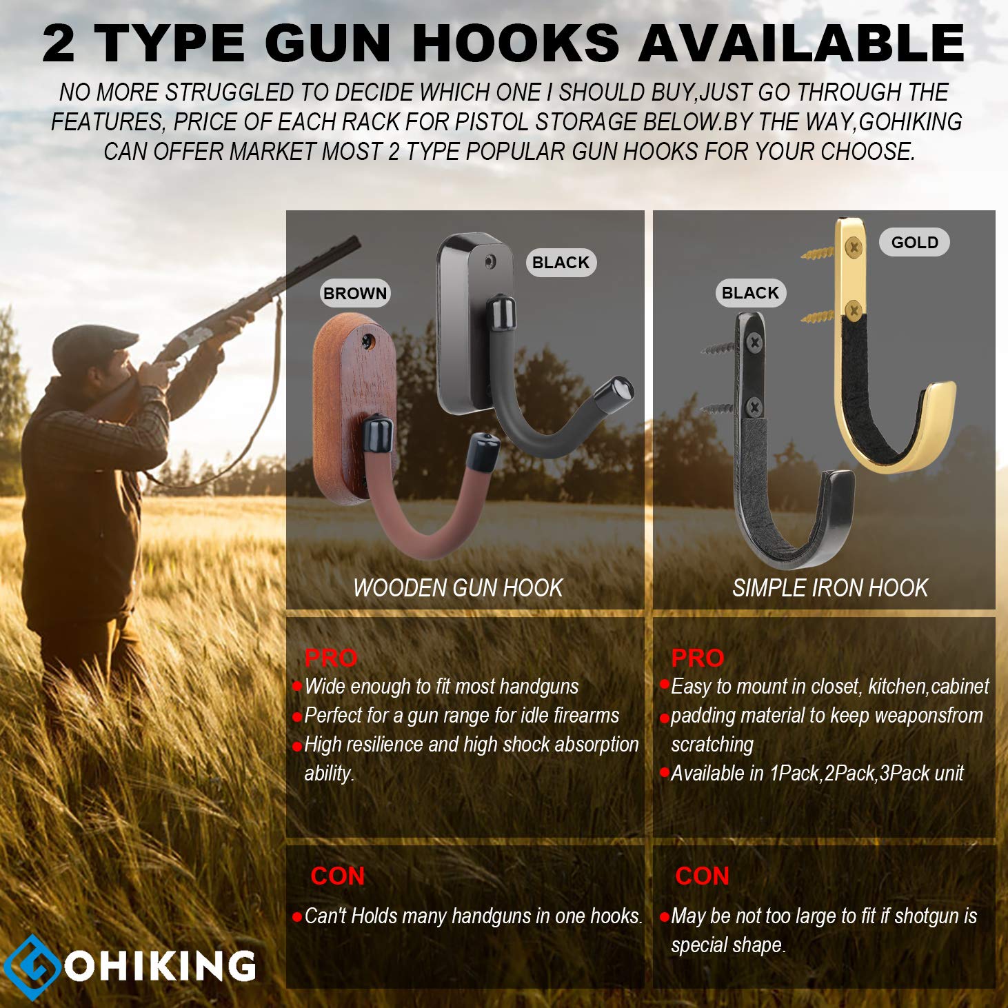 GOHIKING Gun Rack Storage Rifles Shotgun Hooks Wall Mount Hangers for Any Rifles Shotguns Archery Bow with Soft Padding and Heavy Duty Steel