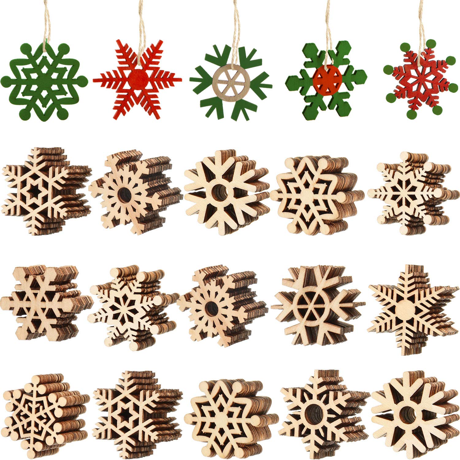 100 Pcs Christmas Unfinished Wooden Snowflake Ornaments Snowflake Hanging Cutouts Blank Wood Slices with Cord Craft Embellishments for Xmas Tree Decorations