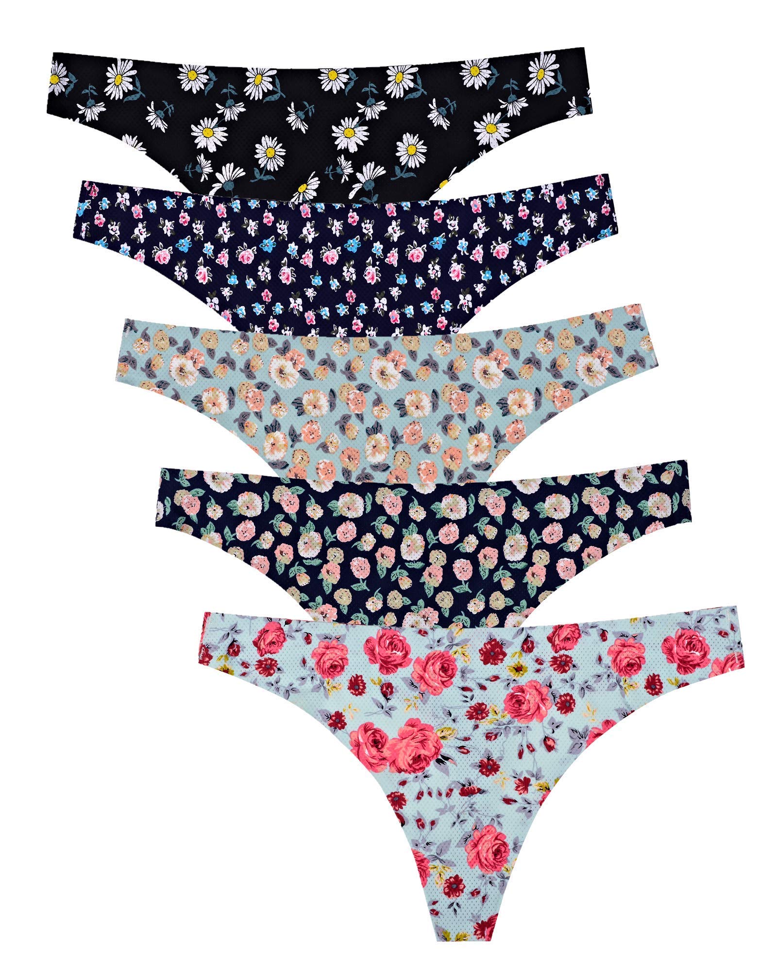Seamless Women Underwear Thongs Multipack,No Show Ladies Thong,Invisible No Line Breathable Comfortable Panties Undies,Womens No Seam Soft Wide Gusset Tanga,Floral Microfiber Legging Underpants,5-Pack