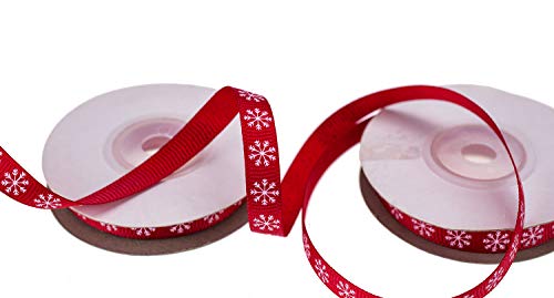 ATRibbons 20 Yards 3/8 Inch Snowflake Printing Grosgrain Ribbon Christmas Red and Green Ribbons for Gift Wrapping and Holiday Decorations,10 Yards/Spool x 2 spools (Red)
