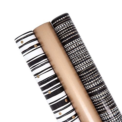 CC wonderland zone Wrapping Paper Roll,Black and white stripes Wrapping PaperïŒFor All Occasion,Total of 3 Rolls,1 x Gold,2 x Black and white stripes.(17 inch x 9.8 ft)/Roll