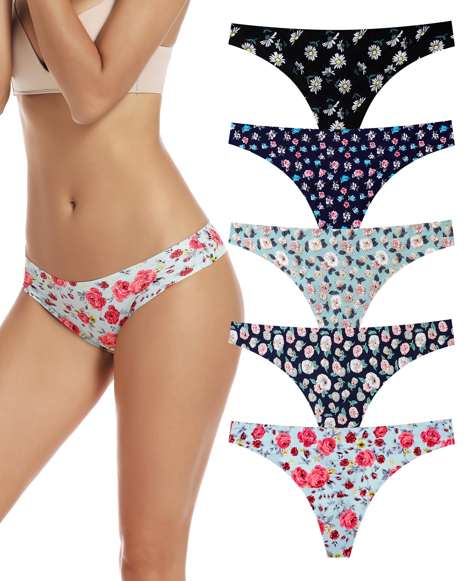 Seamless Women Underwear Thongs Multipack,No Show Ladies Thong,Invisible No Line Breathable Comfortable Panties Undies,Womens No Seam Soft Wide Gusset Tanga,Floral Microfiber Legging Underpants,5-Pack