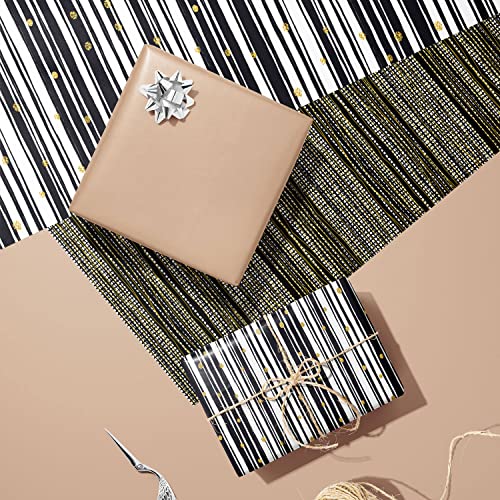 CC wonderland zone Wrapping Paper Roll,Black and white stripes Wrapping Paper,For All Occasion,Total of 3 Rolls,1 x Gold,2 x Black and white stripes.(17 inch x 9.8 ft)/Roll