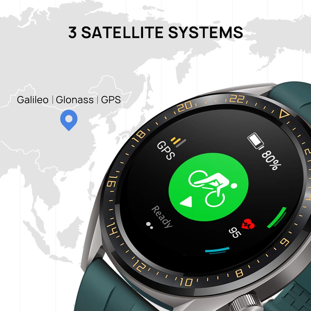 SUNG-LL Huawei Watch GT 2019 (46mm) BT Version, Water Proof, Titanium Grey Stainless Steel - Fluoroelastomer Band Active Dark Green
