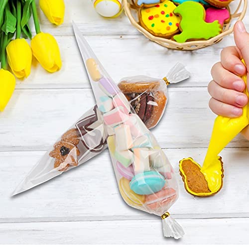 LOMIMOS 6X12in Clear Triangle Cellophane Bag,Cone Shaped Treat Cello Goody Bag with Twist Ties for Handmade Bakery Popcorn Cookie Dessert,100pcs