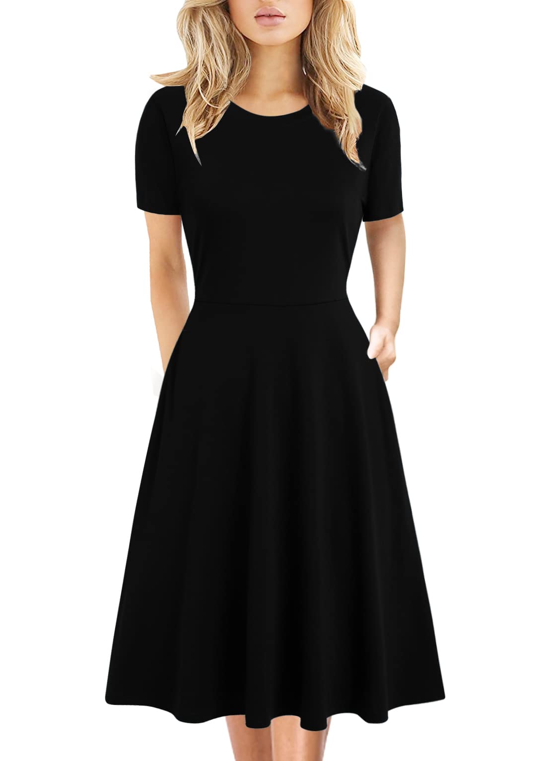 Prime Wardrobe Womens Clothing Plus Size Dress Business Vintage Round Neck Work Party Casual Pockets Dresses for Lady 162 (XXL, Black Solid)