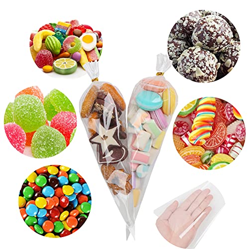 LOMIMOS 6X12in Clear Triangle Cellophane Bag,Cone Shaped Treat Cello Goody Bag with Twist Ties for Handmade Bakery Popcorn Cookie Dessert,100pcs