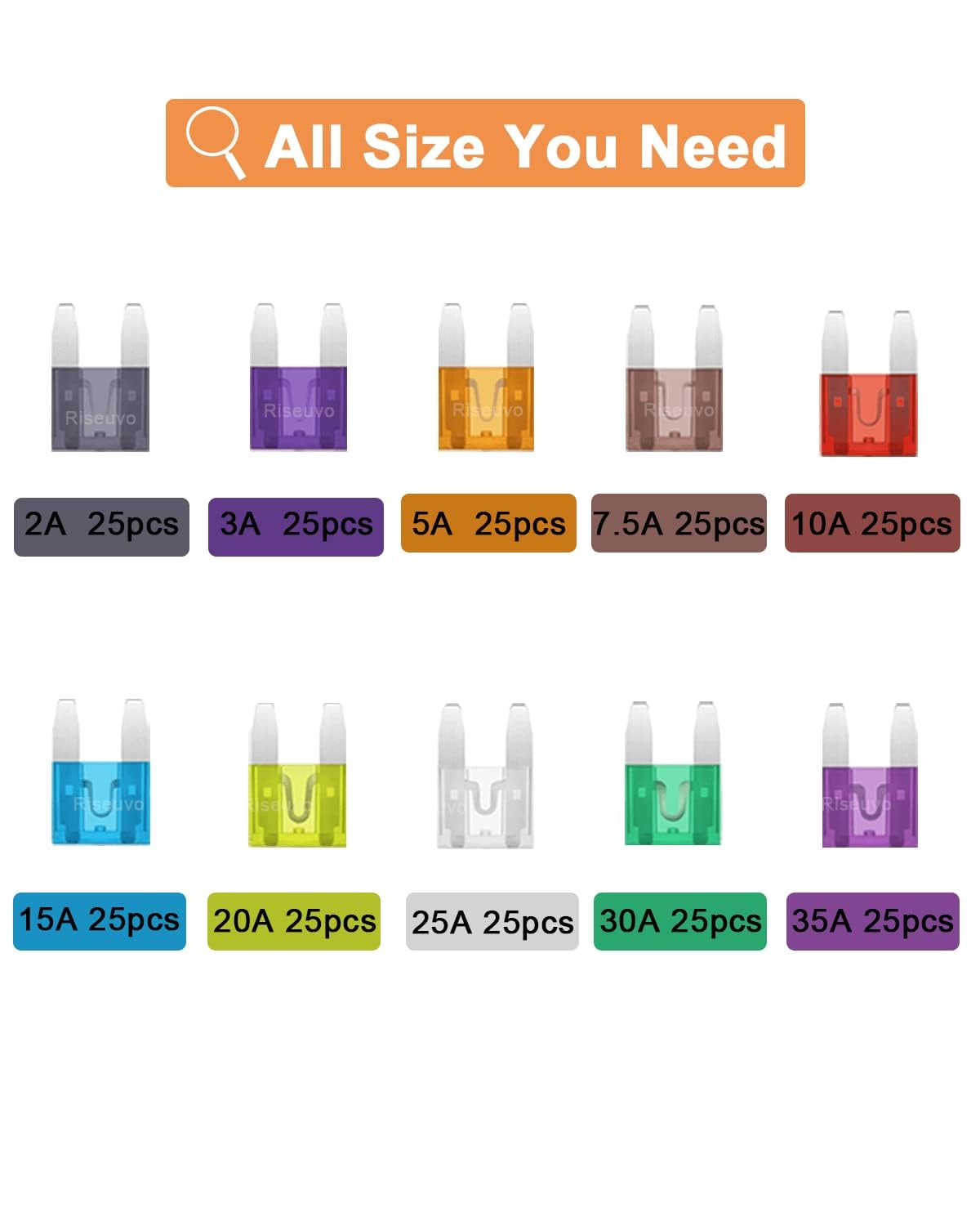 250 Pcs Mini Blade Fuse Assortment - Car Automotive Truck Auto ATM Fuse Kit (2A 3A 5A 7.5A 10A 15A 20A 25A 30A 35A)