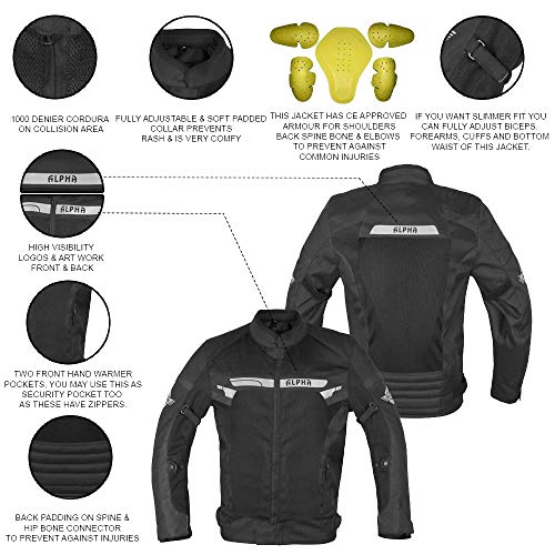 ALPHA CYCLE GEAR BREATHABLE BIKERS RIDING PROTECTION MOTORCYCLE JACKET MESH CE ARMORED (BLACK WIND, LARGE)